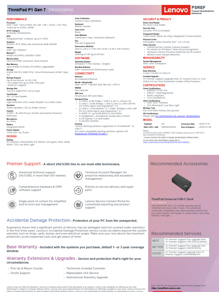 ThinkPad P1 Gen 7 21KVS0QM00 | PDF | Usb | Computer Hardware