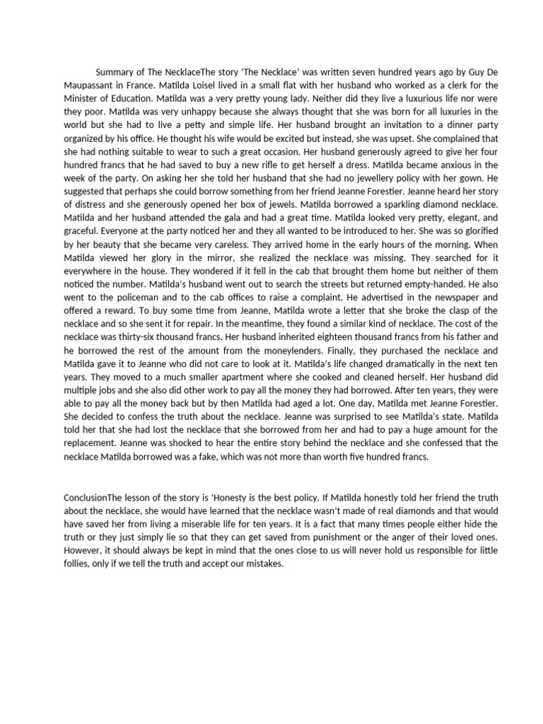 Summary of The NecklaceThe Story | PDF