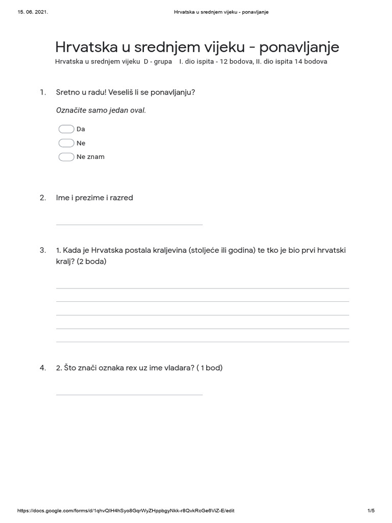 Hrvatska U Srednjem Vijeku - Ponavljanje | PDF