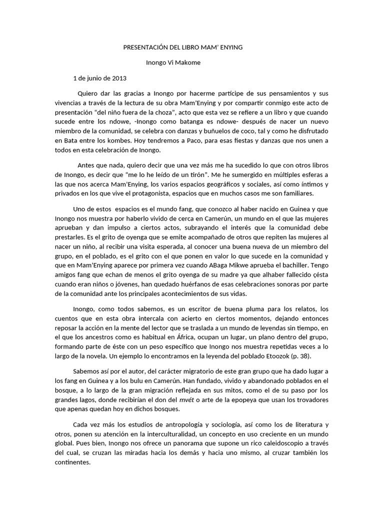 Presentación Del Libro Mam'Enying de Inongo Ví Makome | PDF | África