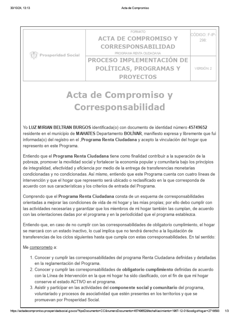 Acta de Compromiso Renta Ciudadana | PDF