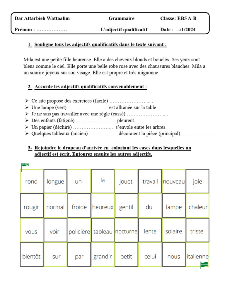 Adjectifs Qualificatifs: Exercices EB5 | PDF
