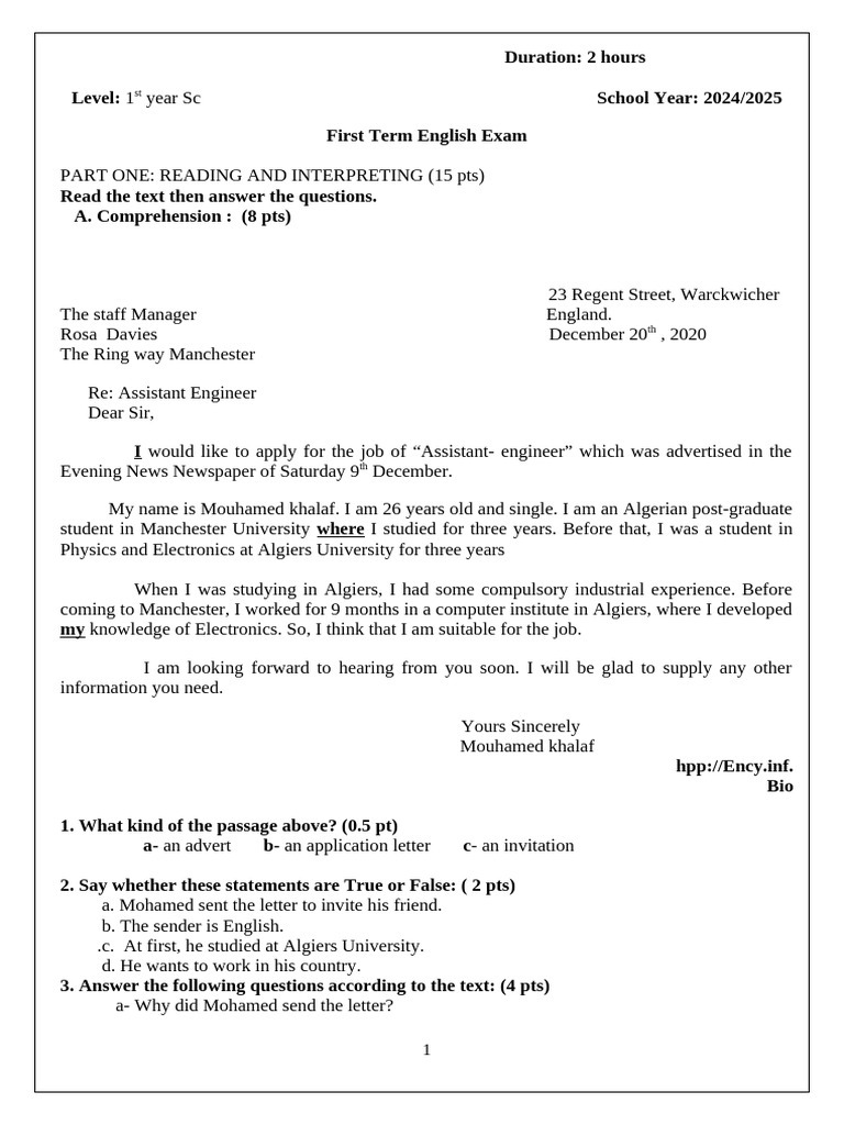 EXAM FIRST YEAR (2) | PDF | English Language | Linguistics