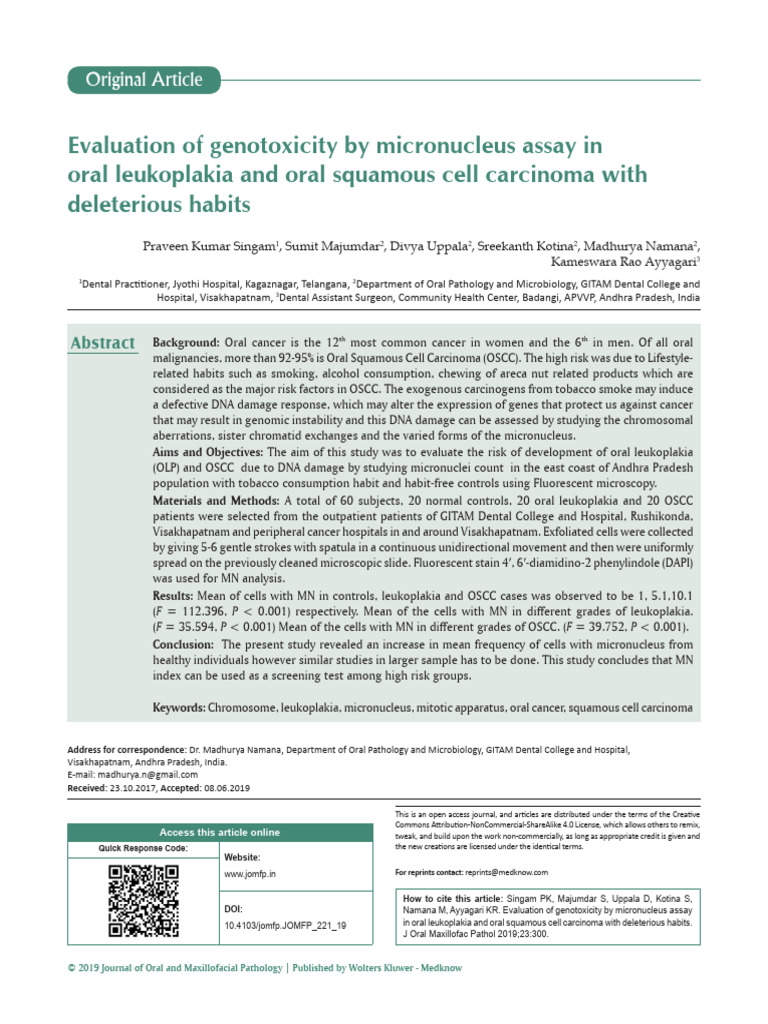 Evaluation of Genotoxicity by Micronucleus Assay in Oral Leukoplakia and Oral Squamous Cell ...