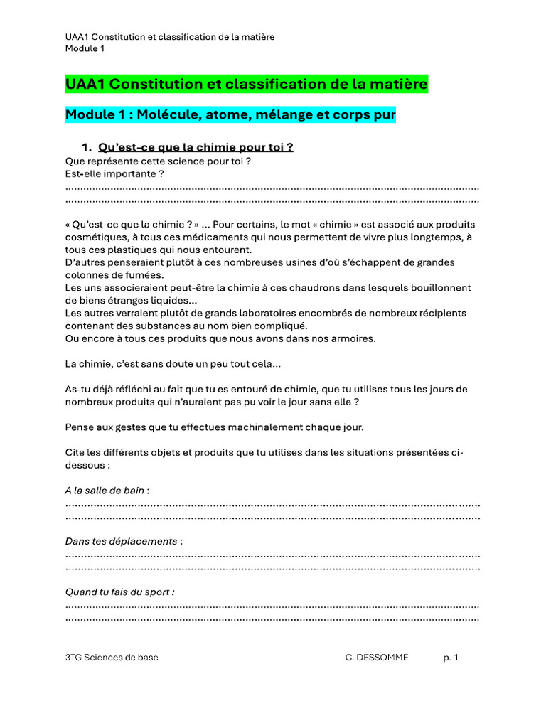 UAA1 Module 1 Partie 1 Constitution Et Classification de La Matière | PDF