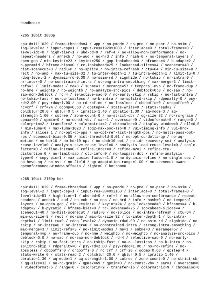 Handbrake x265 Encoding Settings | PDF | Computer Data | Video