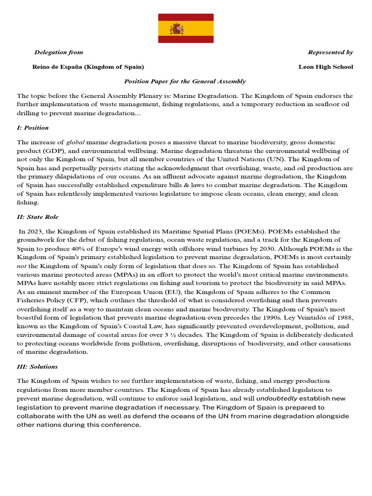 Model UN Position Paper | PDF | Overfishing | Environmental Degradation