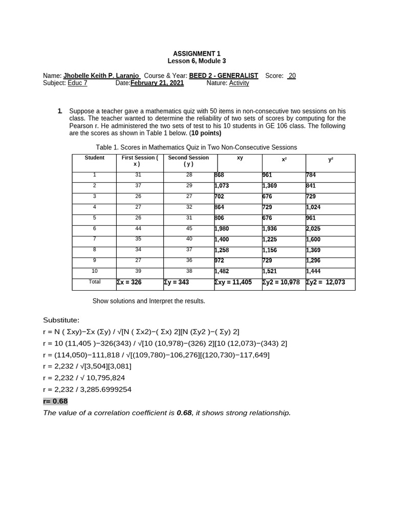 ASSIGNMENT 1 Assessment in Learning | PDF | Statistical Analysis | Teaching Mathematics