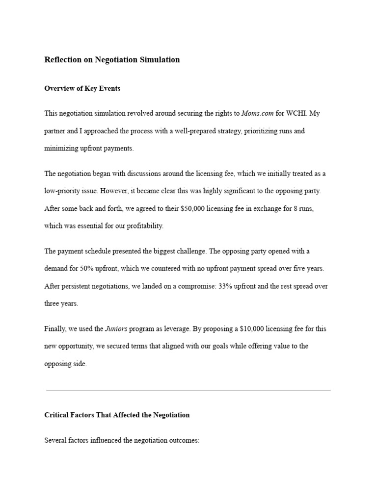 Reflection On Negotiation Simulation | PDF | Negotiation | Social Psychology