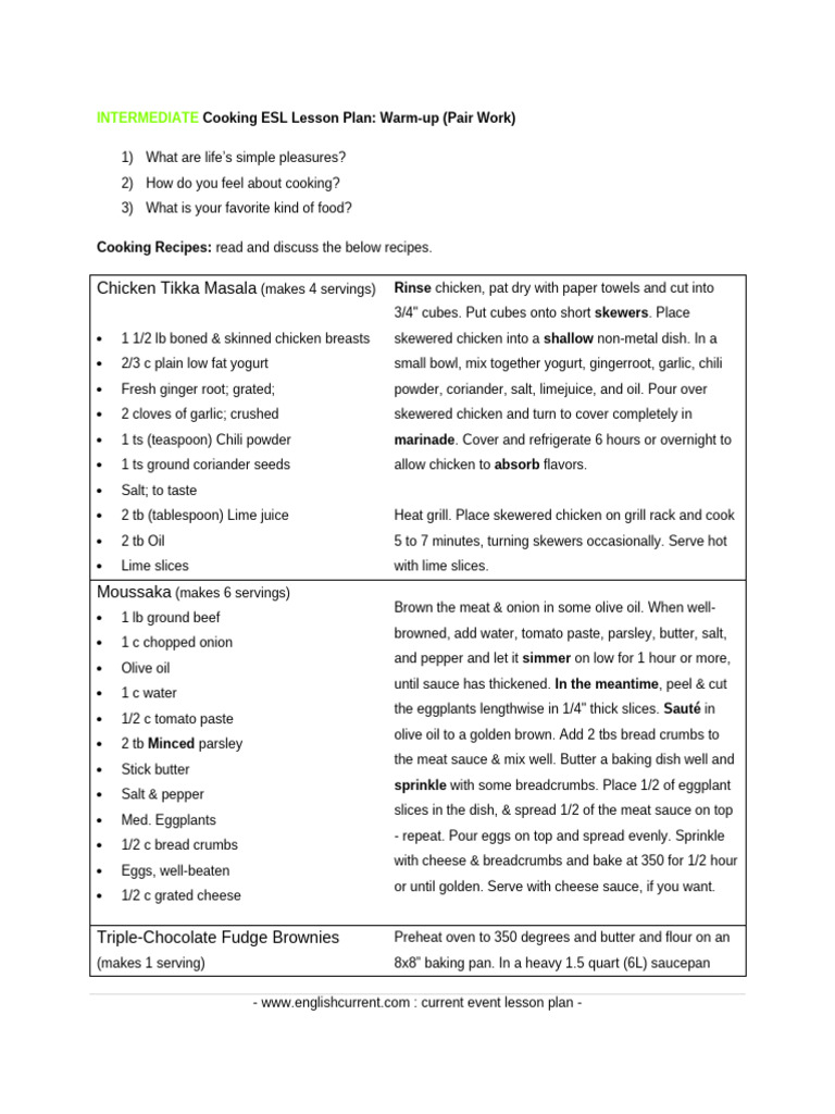 Cooking Lesson Plan Intermediate 03052013 | PDF | Chocolate | Bread Crumbs
