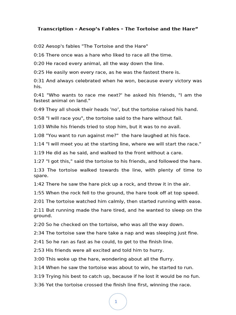 Aesop's Fables: Tortoise vs. Hare Story | PDF