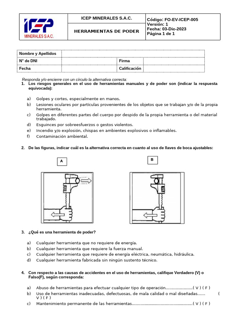 Examen Herramientas Manuales y de Poder | PDF | Herramientas