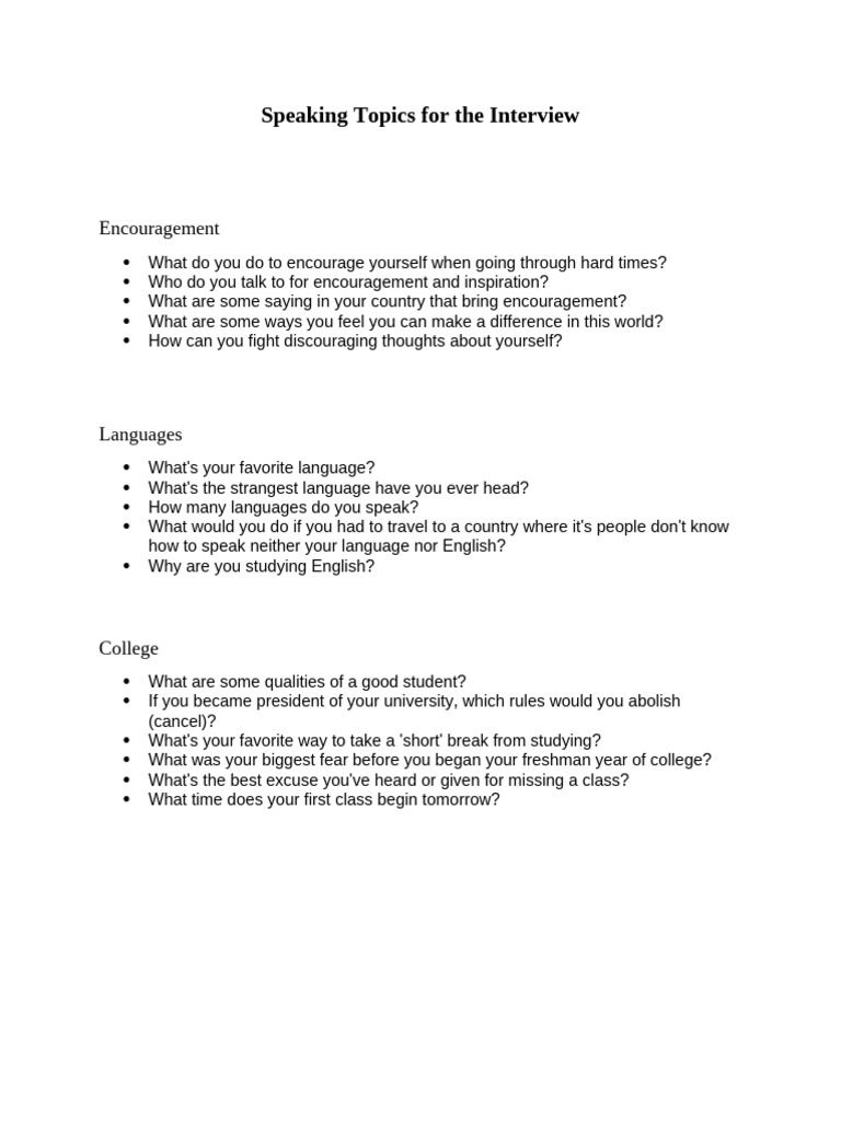 Speaking Topics For The Interview | PDF
