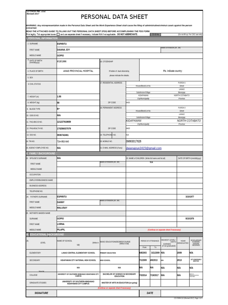 Personal Data Sheet Revised 2024 29 | PDF