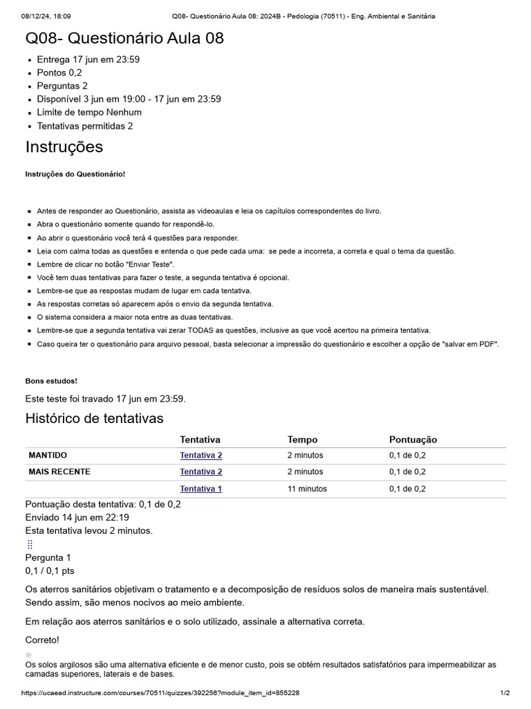 Q08- Questionário Aula 08_ 2024B - Pedologia (70511) - Eng. Ambiental e Sanitária | PDF | Solo ...