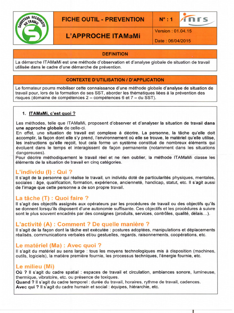 Méthode ITAMami - Fiche INRS | PDF