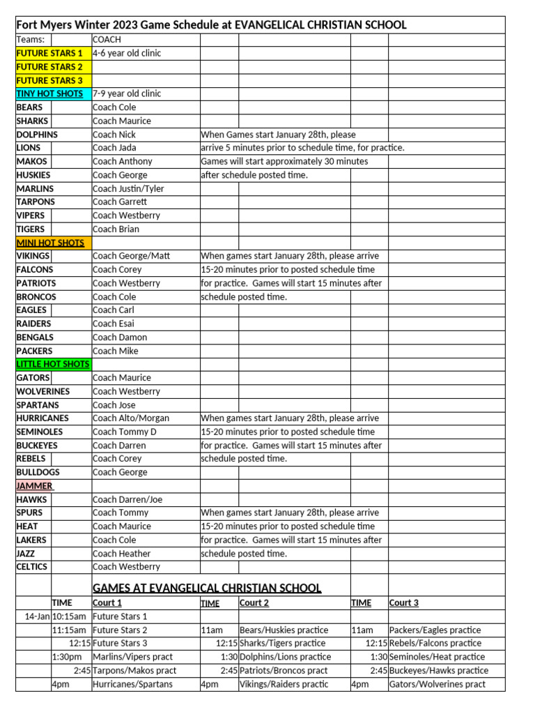 Fort Myers Winter 2023 Game Schedule | PDF