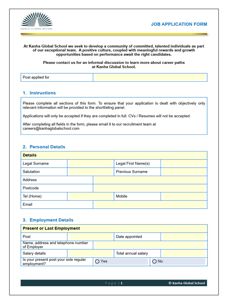 Kanha Global School Job Application Form | PDF | Employment