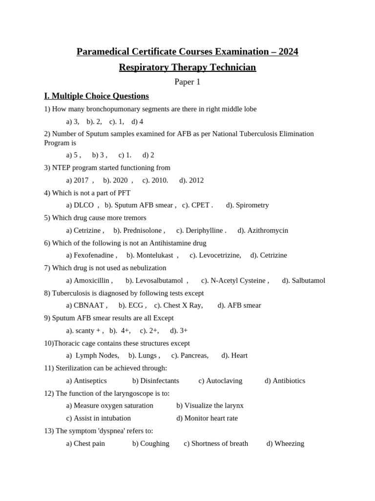 Respiratory Therapy Technician Q Paper | PDF | Lung | Respiratory System