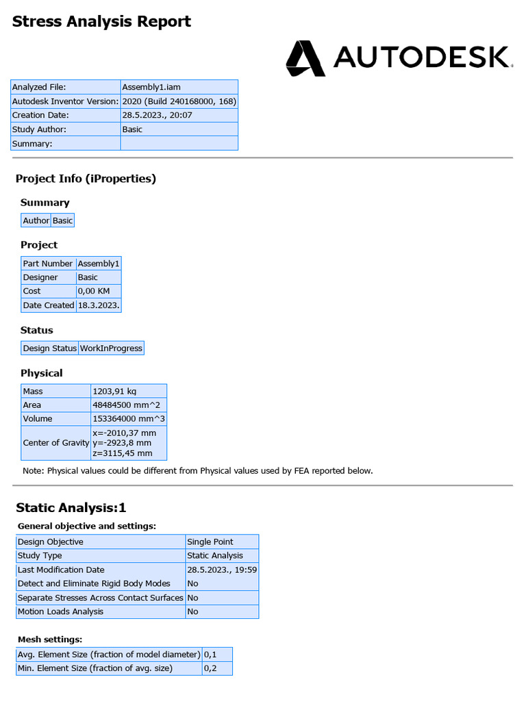 Assembly1.Iam Stress Analysis Report 28.5.2023. | PDF | Strength Of Materials | Continuum Mechanics