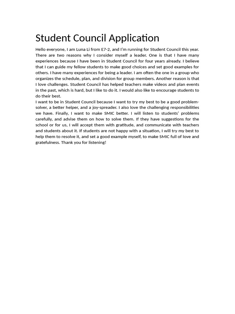 Student Council Application Seventh Grade | PDF