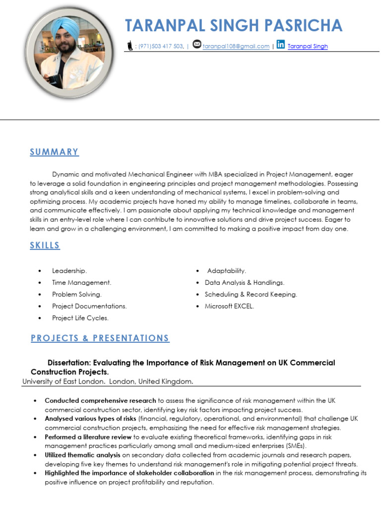 Taranpal Singh Pasricha Cv | PDF | Risk Management | Risk