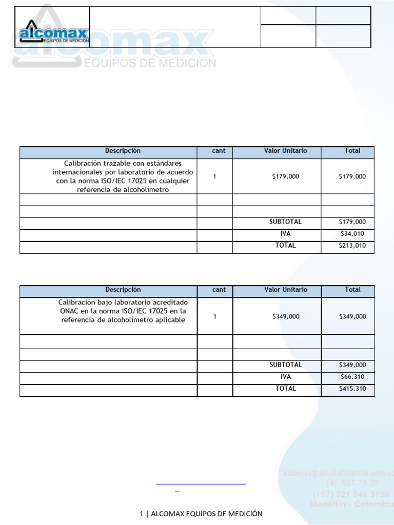 Cotización de Calibración ALCOMAX | PDF | Calibración