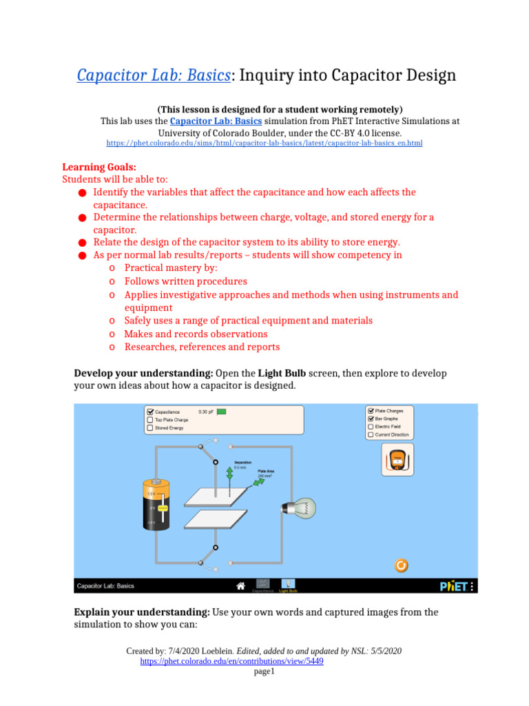 Capacitor Lab Basics: Remote Inquiry | PDF | Capacitor | Capacitance