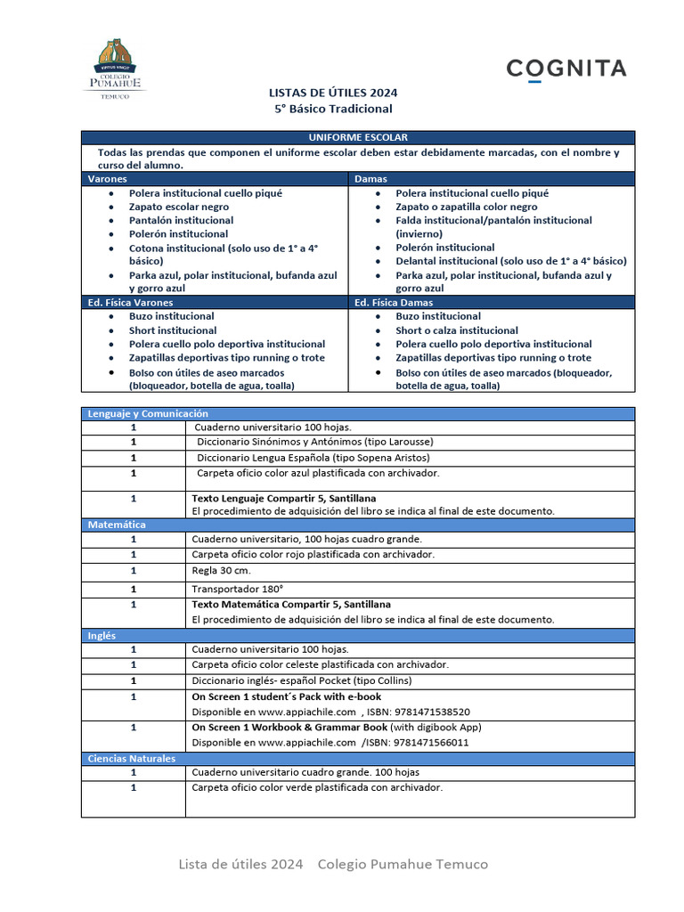Lista-de-Utiles-5%C2%B0-Basico-2024-Tradicional | PDF | Lápiz