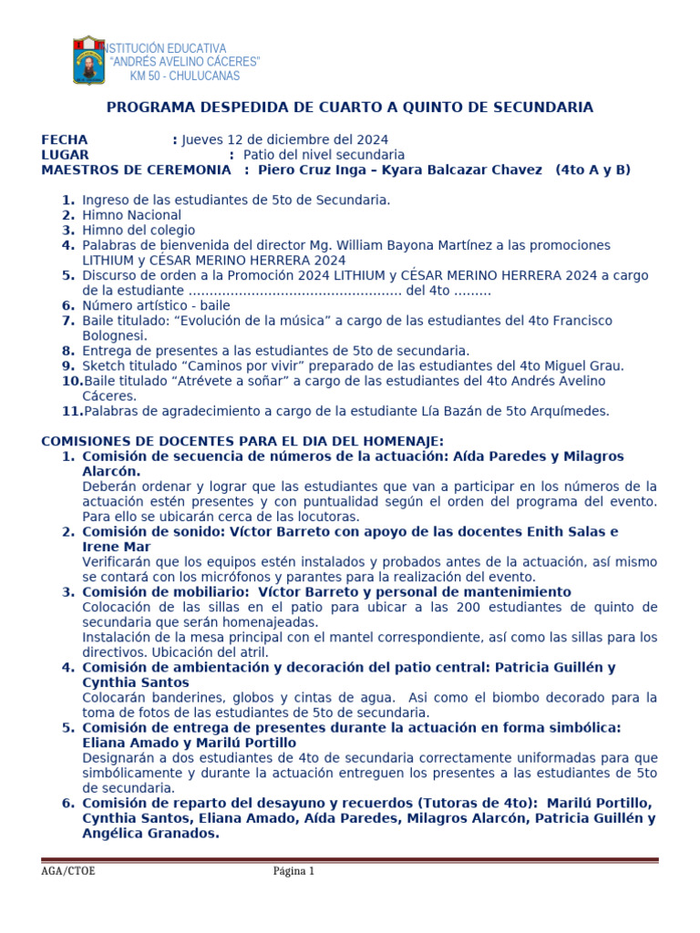 Programa y Comisiones Despedida de Cuarto A Quinto de Secundaria | PDF