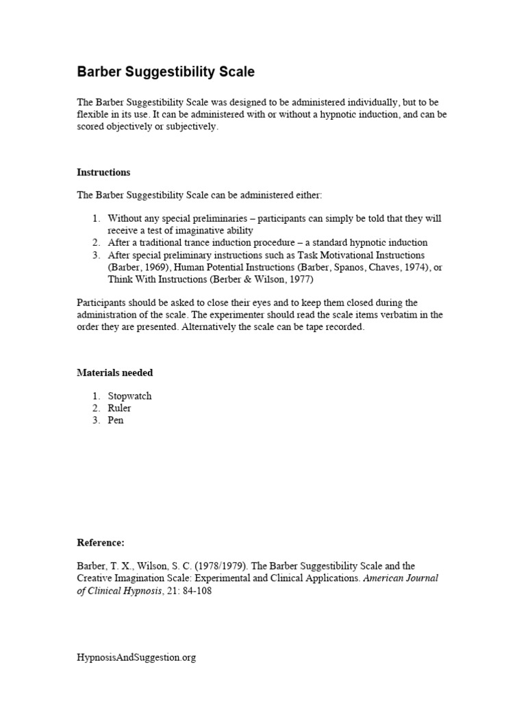 Barber Suggestibility Scale | PDF | Hypnosis | Neuroscience