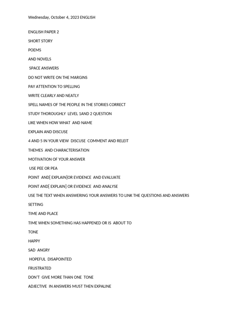 English Paper 2 Study Guide | PDF