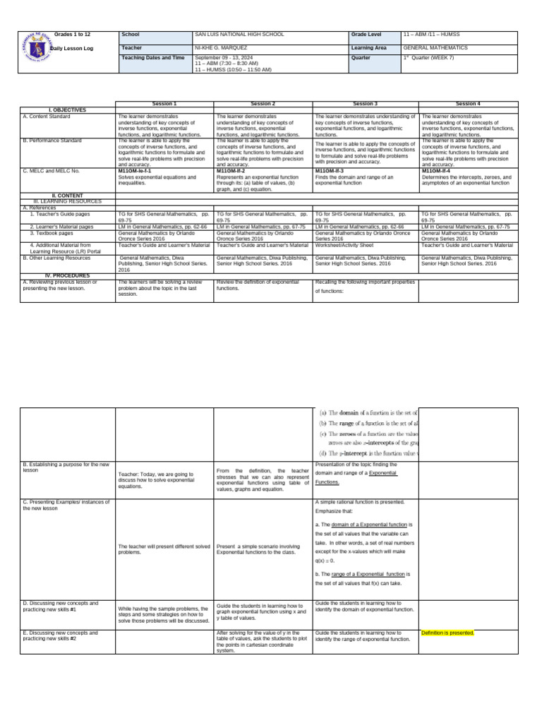 Gen Math DLL Week 7 | PDF | Function (Mathematics) | Exponential Function