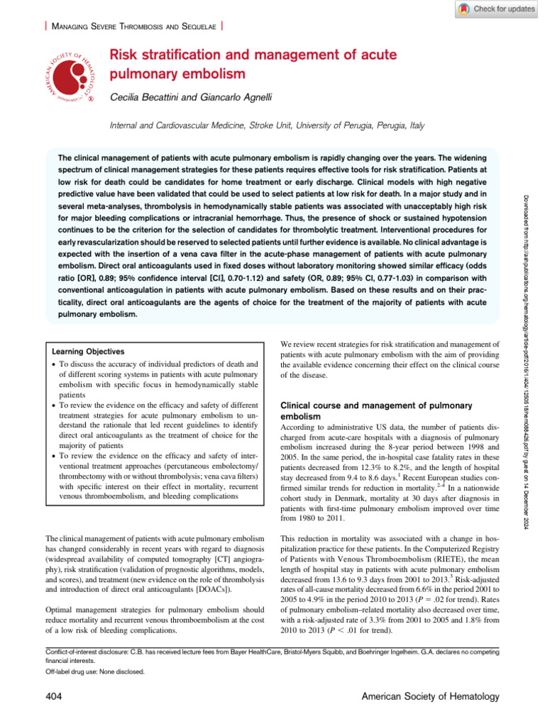 2016 - Risk stratification and management of acute pulmonary embolism ...