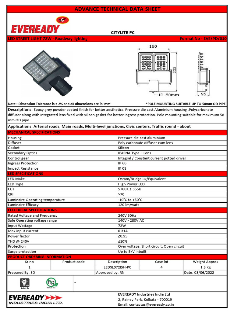 72W LED Street Light Data Sheet | PDF | Electricity | Manufactured Goods