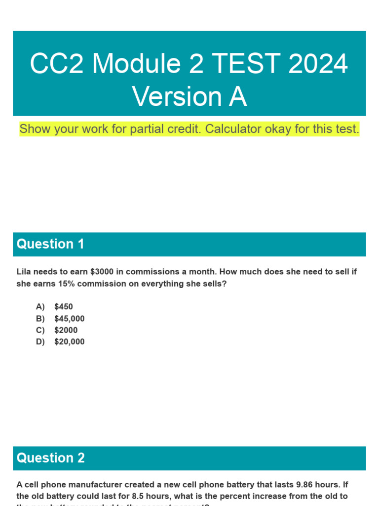 CC2 Module 2 Test 2024 - Version A | PDF | Prices | Interest