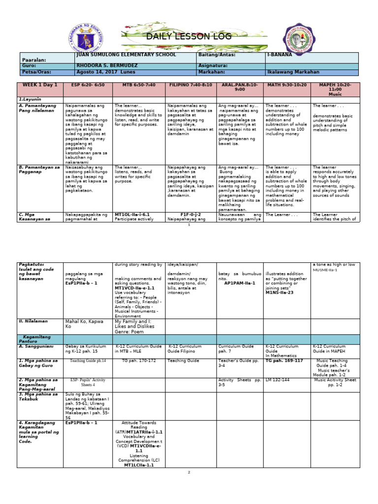 DLL-WEEK 1 Day 1 2nd Grading | PDF