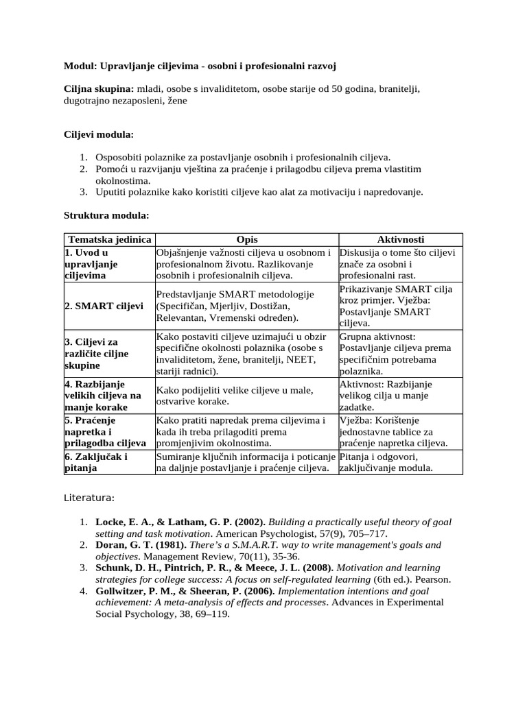 Modul - Upravljanje ciljevima - osobni i profesionalni razvoj | PDF