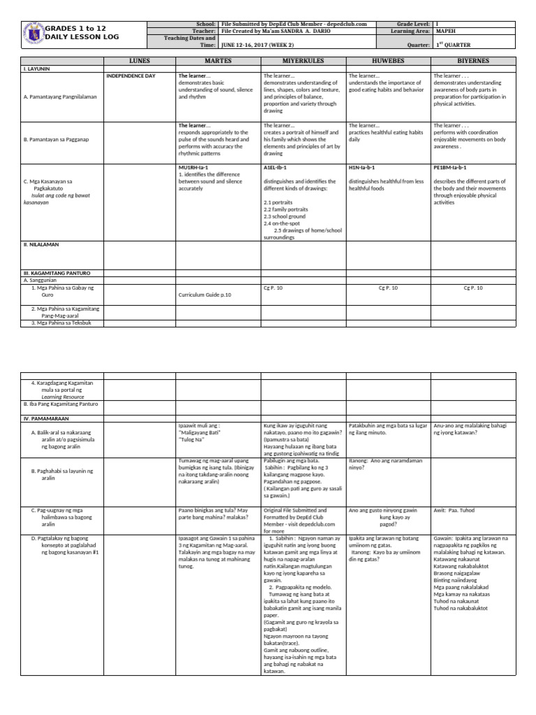 DLL - Mapeh 1 - Q1 - W2 | PDF