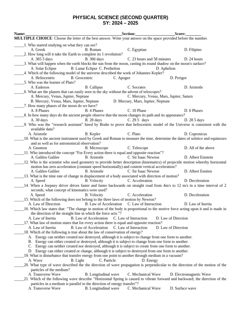 Physical Science Exam | PDF | Waves | Light