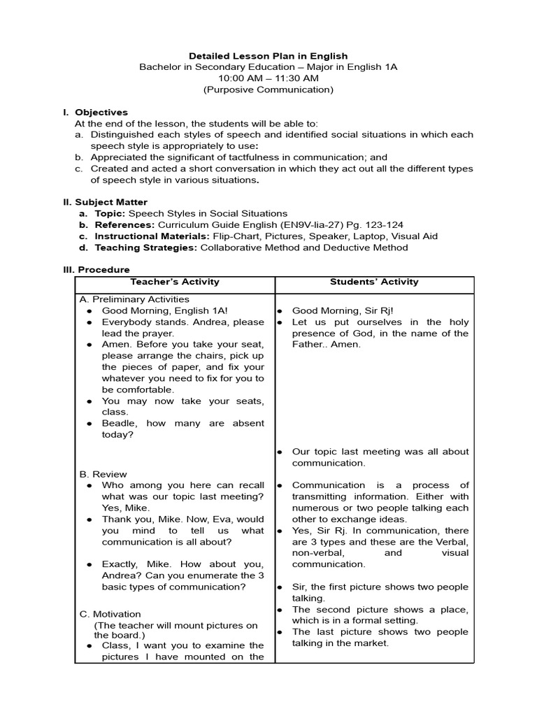 Speech Styles Lesson Plan | PDF | Communication | Lesson Plan
