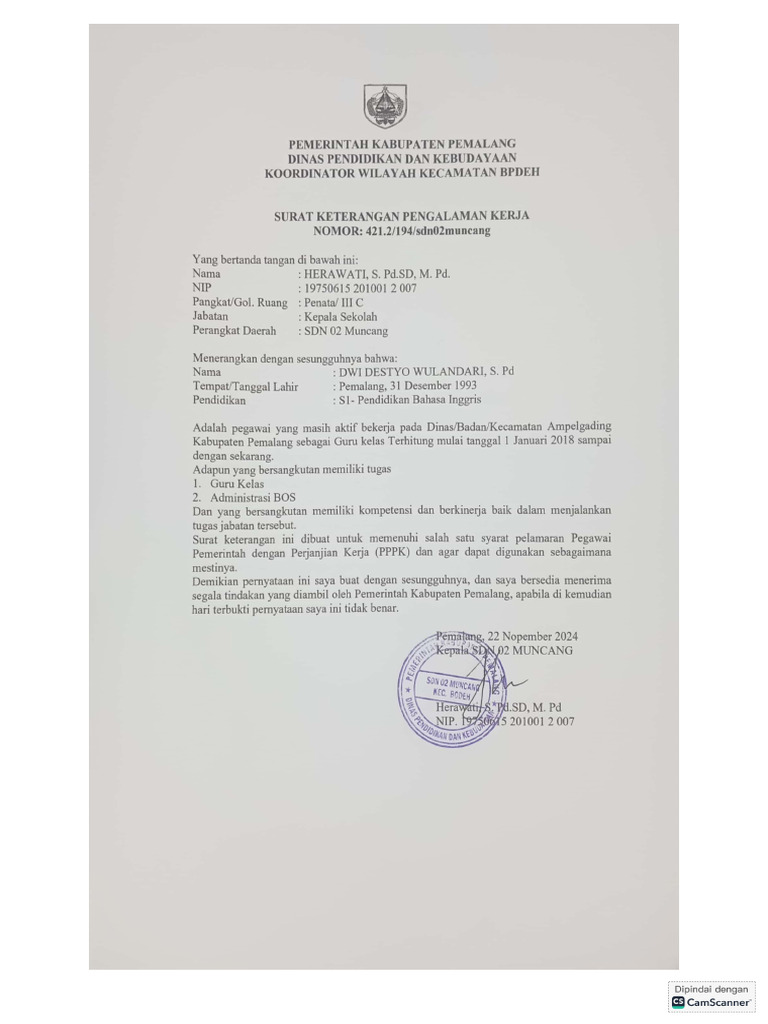 Suket Pengalaman Kerja Desi | PDF