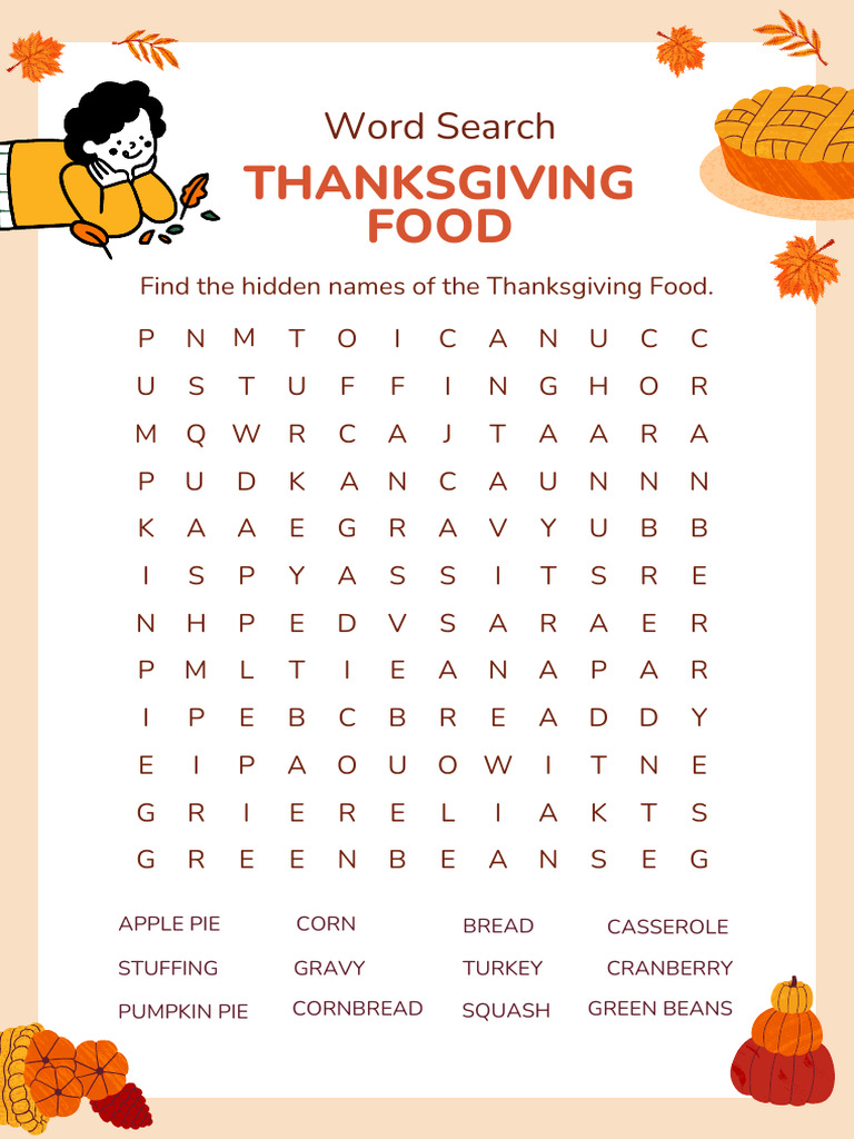 Thanksgiving Food Word Search Worksheet in Beige Cute Style-3 | PDF