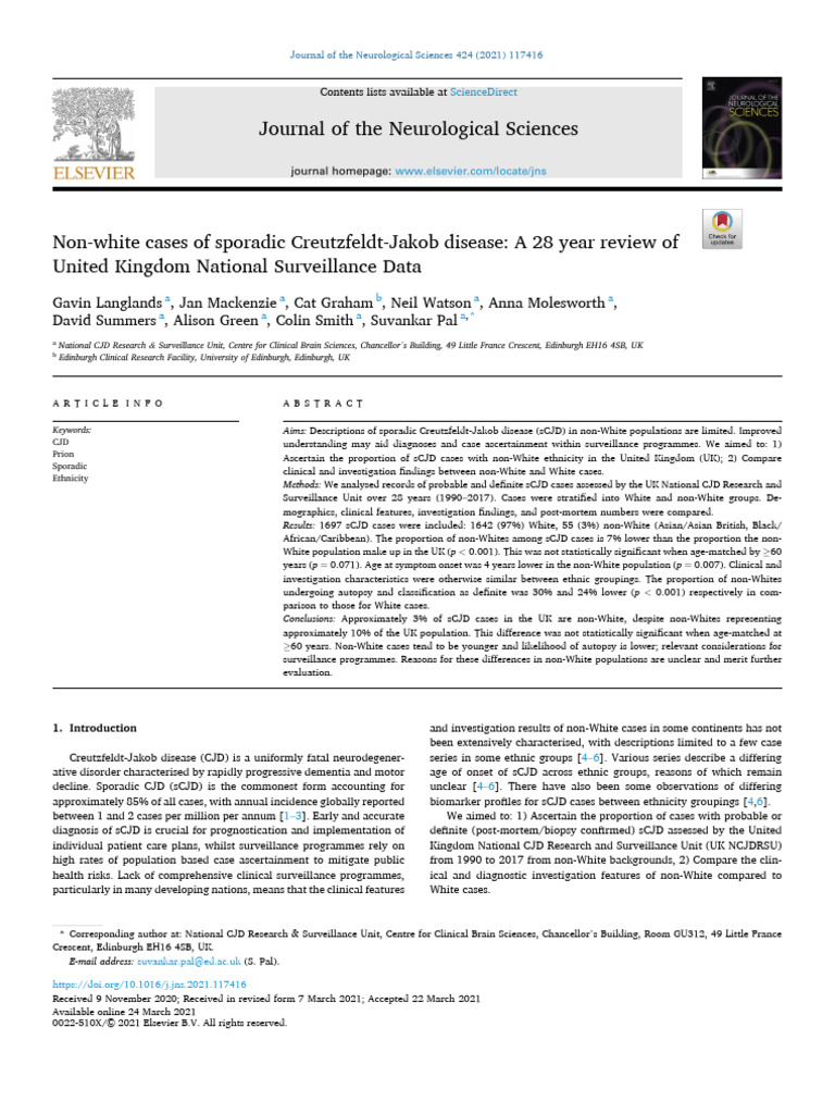 Non-White Cases of Sporadic Creutzfeldt-Jakob Disease | PDF | Clinical ...