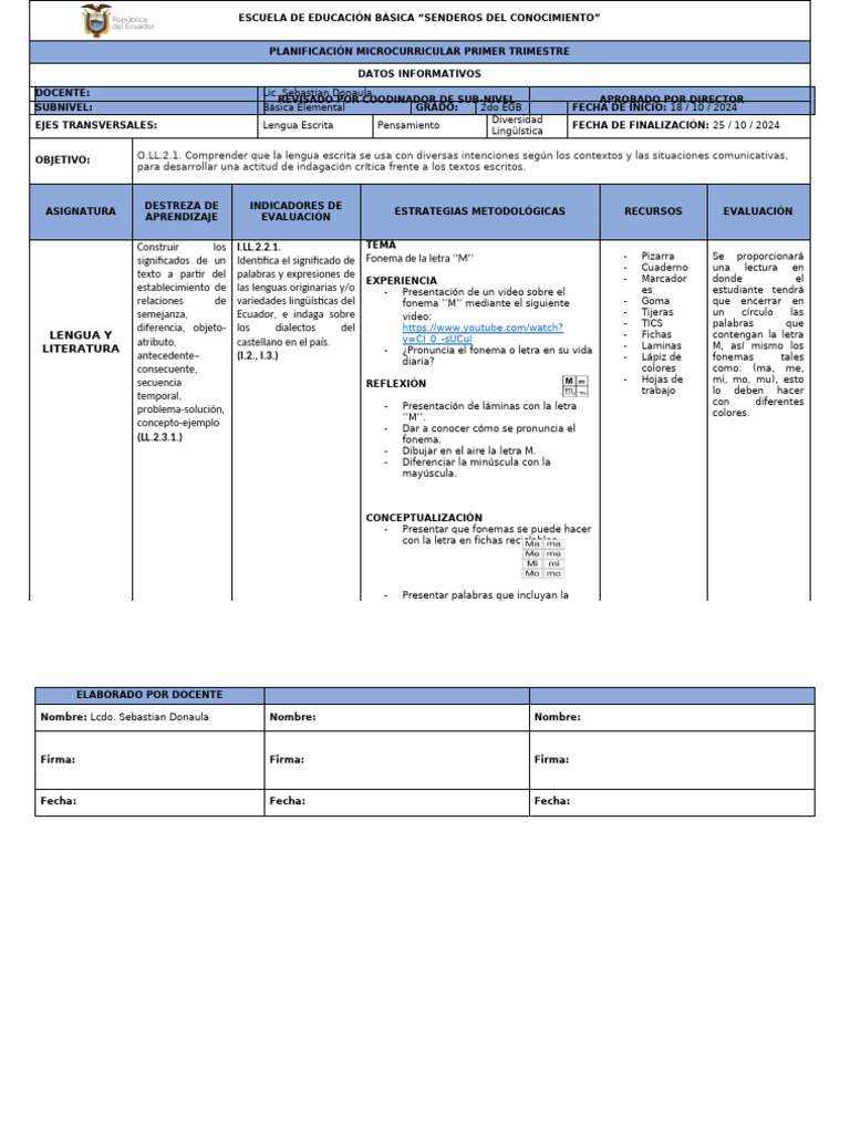 Plan de Clase Lengua y Literatura - Sebastian | PDF | Educación primaria | Cognición