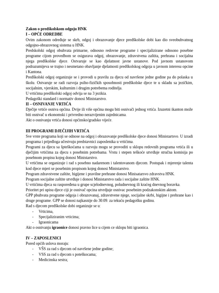 Zakon o Predškolskom Odgoju HNK - Skripta | PDF