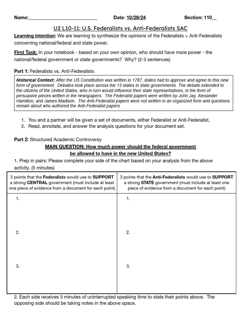 Federalists vs. Anti-Federalists Debate Analysis | PDF | The Federalist ...