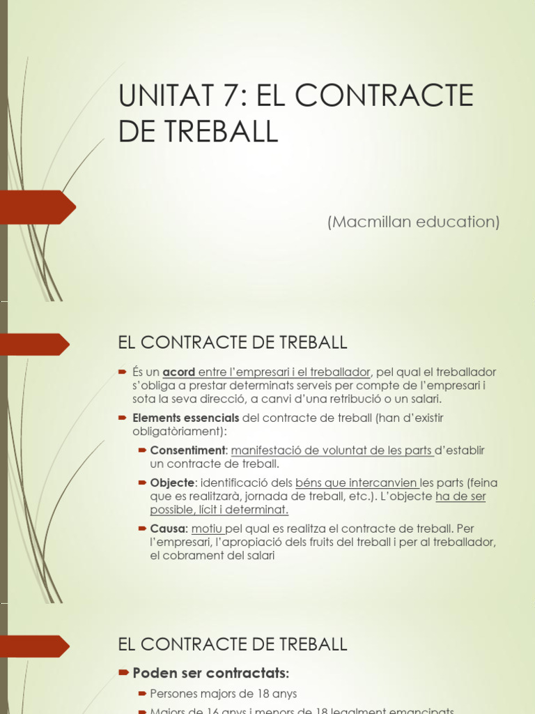 Fol - Unitat 7 - El Contracte de Treball | PDF