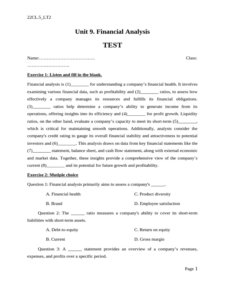 Test Unit 9 Financial Analysis | PDF | Equity (Finance) | Investing