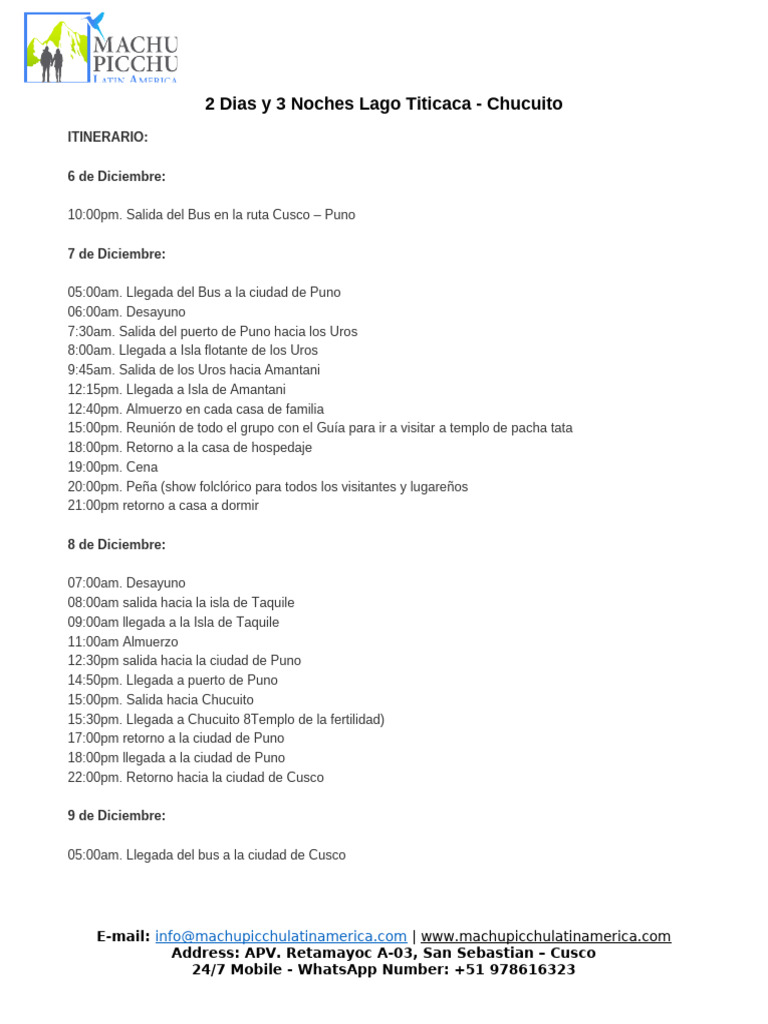 2 Dias y 3 Noches Lago Titicaca - Chucuito | PDF